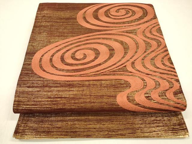 平和屋着物●太鼓柄袋帯　紬地　駒刺繍　総刺繍　流水文　金糸　正絹　逸品　DAAZ4214cm