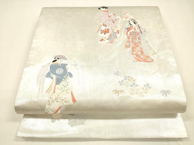 平和屋着物●太鼓柄袋帯　女人文　本銀箔　金糸　引箔　正絹　逸品　DAAZ4220cm