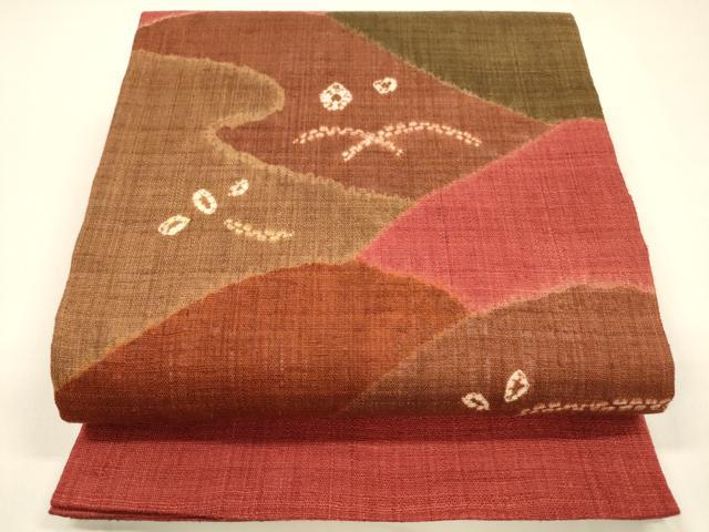 平和屋着物▽スリーシーズン　春夏秋　太鼓柄袋帯　紬地　絞り　抽象文様　正絹　逸品　DAAZ4245cm