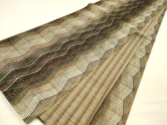平和屋着物＊夏物　両面　全通柄袋帯　組織　抽象間道　間道　金糸　正絹　逸品　DAAZ4254cm