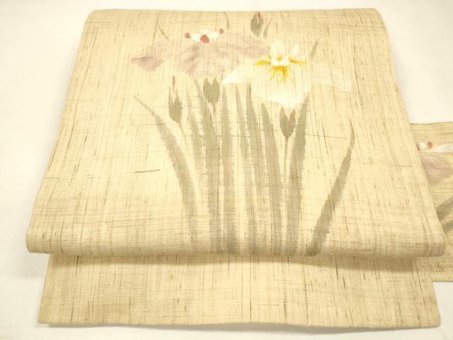 平和屋着物＊夏物　染色作家　桐山紫香　手描き　九寸名古屋帯　杜若　麻　逸品　DAAZ4258cm