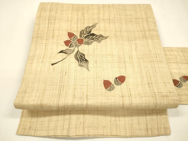 平和屋着物＊人間国宝 芹沢圭介一番弟子　下平清人　夏物　九寸名古屋帯　手描き　どんぐり　麻　逸品　DAAZ4259cm