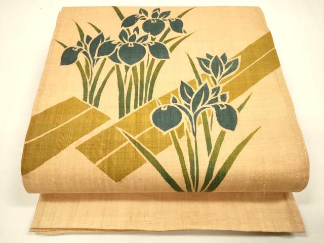 平和屋着物＊夏物　太鼓柄袋帯　作家物　型染　杜若　麻　逸品　DAAZ4264cm