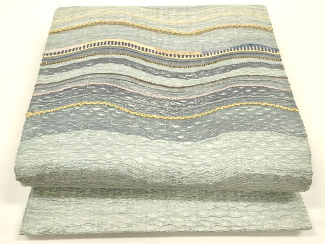 平和屋着物▽スリーシーズン　春夏秋　太鼓柄袋帯　すくい織　よろけ縞　反端付き　正絹　逸品　DAAZ4281cm