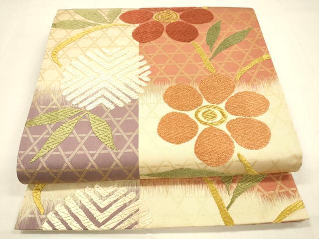 平和屋着物●六通柄袋帯　唐織　草花文　金糸　正絹　逸品　DAAZ4292cm