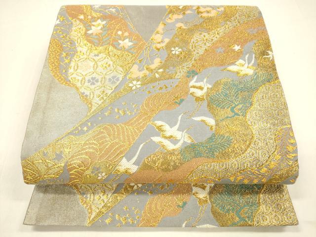 平和屋着物●六通柄袋帯　飛鶴草花文　金銀糸　正絹　逸品　DAAZ4294cm