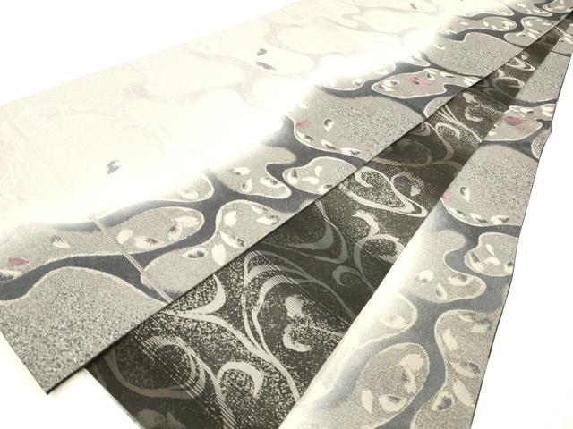 平和屋着物●両面　全通柄袋帯　流水花文　唐草文　銀糸　正絹　逸品　DAAZ4298cm