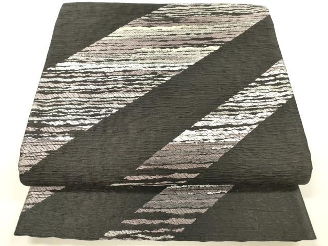 平和屋着物●両面　六通柄袋帯　横段文　間道　黒地　銀糸　正絹　逸品　DAAZ4325cm