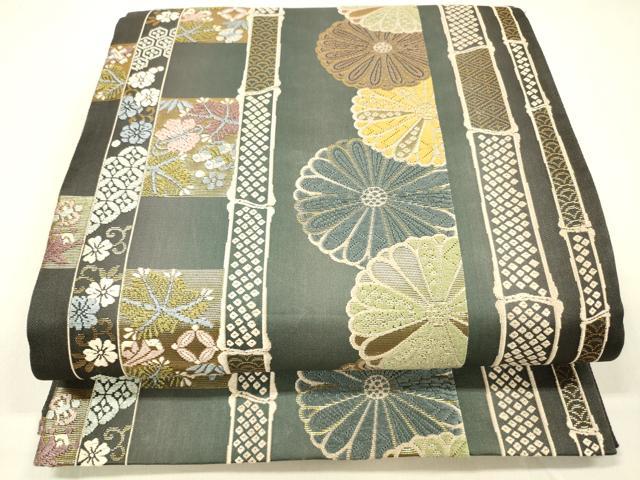 平和屋着物●六通柄袋帯　麗粋唐織　鹿の子花間道　金糸　正絹　逸品　DAAZ4329cm