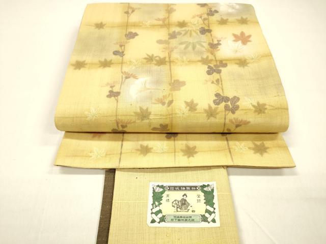 平和屋着物●両面　六通柄袋帯　結城紬　格子草花文　銀彩　証紙付き　間道　正絹　逸品　DAAZ4332cm