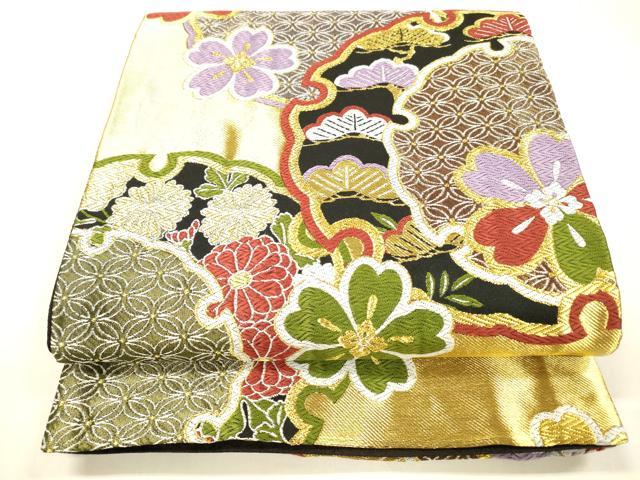 平和屋着物●六通柄袋帯　唐織　雪輪花松文　金糸　正絹　逸品　DAAZ4334cm