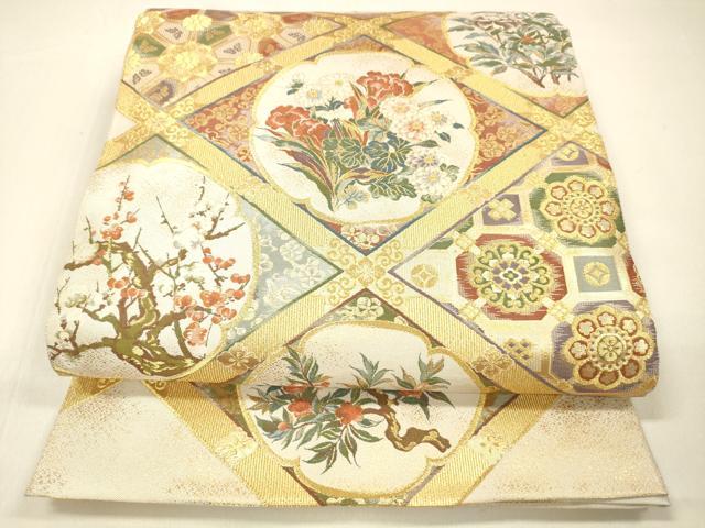平和屋着物●「美しいキモノ」お馴染みのメーカー　となみ織物　六通柄袋帯　枝花文　金糸　証紙付き　正絹　逸品　DAAZ4348cm