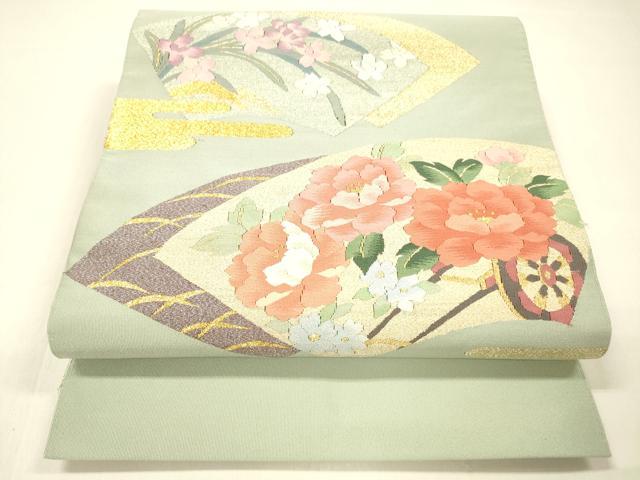 平和屋着物●爪掻き本綴れ　八寸名古屋帯　地紙花車文　金糸　正絹　逸品　DAAZ4349cm