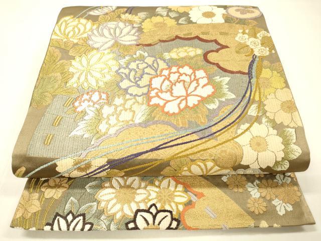 平和屋着物●六通柄袋帯　唐織　四季扇面文　金糸　正絹　逸品　DAAZ4350cm