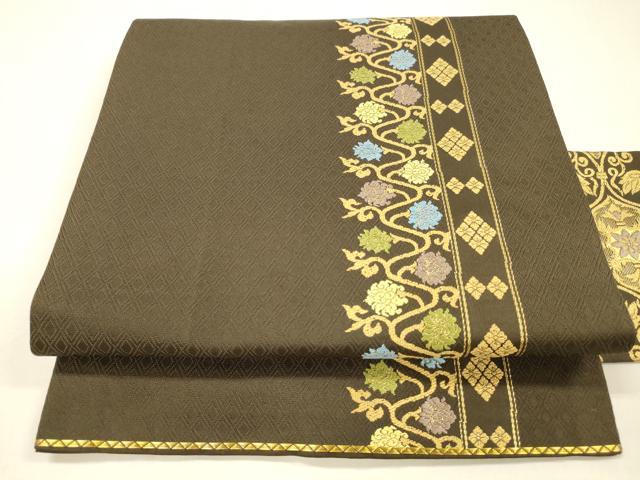 平和屋着物●九寸名古屋帯　更紗花唐草文　金糸　正絹　逸品　DAAZ4356cm