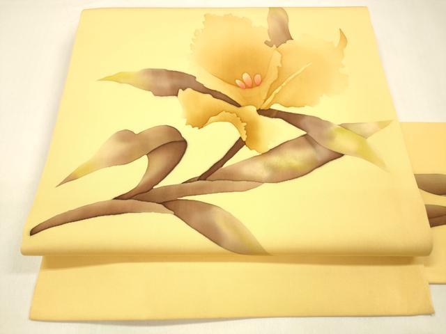 平和屋着物●塩瀬　九寸名古屋帯　ろうけつ染め　枝花文　正絹　逸品　DAAZ4358cm