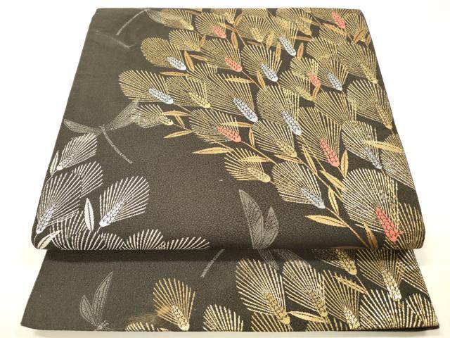 平和屋着物●六通柄袋帯　紹巴　蜻蛉稲穂文　黒地　金銀糸　正絹　逸品　DAAZ4360cm