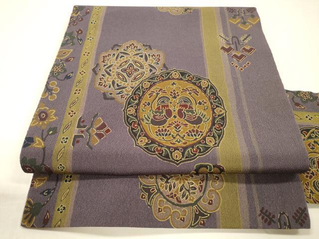 平和屋着物●全通柄名古屋帯　向かい鳥正倉院花文　鬼しぼ縮緬　正絹　逸品　DAAZ4361cm