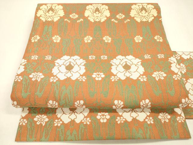 平和屋着物●俵屋　人間国宝　喜多川平朗  有職織物　九寸名古屋帯　蟹牡丹文　黄櫨染色　正絹　逸品　DAAZ4371cm