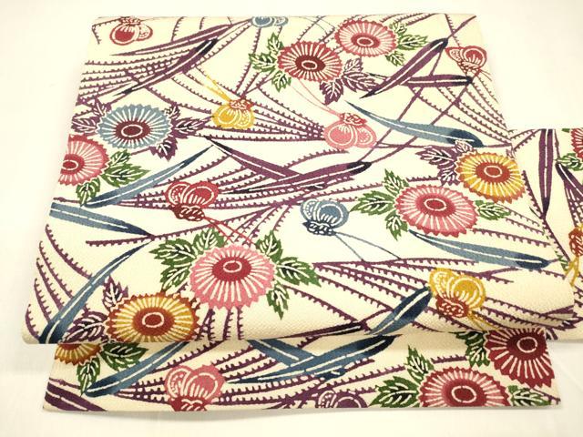 平和屋着物●九寸名古屋帯　型染　草花文　鬼しぼ縮緬　正絹　逸品　DAAZ4375cm