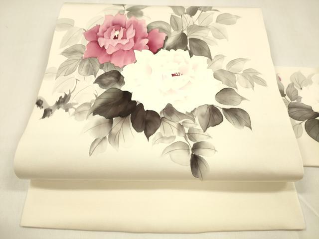 平和屋着物●九寸名古屋帯　作家物　手描き　草花文　正絹　逸品　DAAZ4377cm