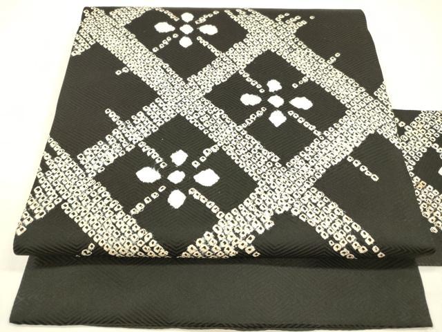 平和屋着物●九寸名古屋帯　総絞り　抽象花文　黒地　松坂屋扱い　正絹　逸品　DAAZ4378cm