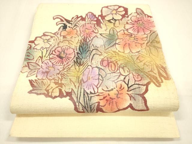 平和屋着物●八寸名古屋帯　ろうけつ染め　紬地　草花文　松坂屋扱い　正絹　逸品　DAAZ4380cm