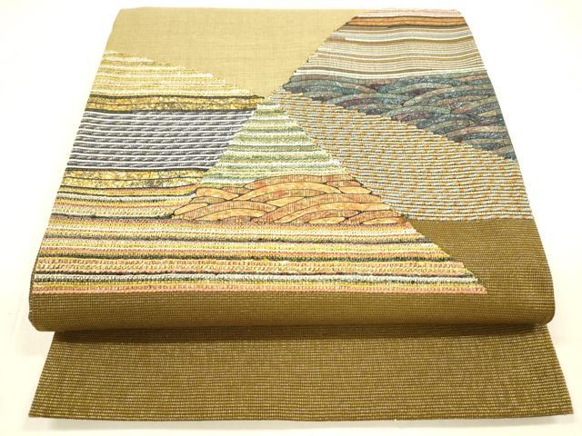 平和屋着物●太鼓柄袋帯　抽象文様　金通し地　正絹　逸品　DAAZ4390cm