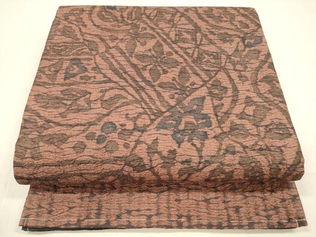 平和屋着物●太鼓柄袋帯　杢目絞り　草花文　銀糸　正絹　逸品　DAAZ4400cm