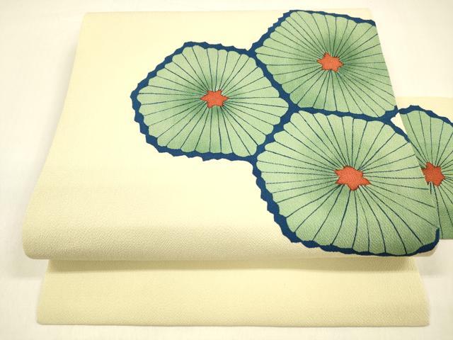 平和屋着物●九寸名古屋帯　型染　舞葉文　鬼しぼ縮緬　正絹　逸品　DAAZ4414cm