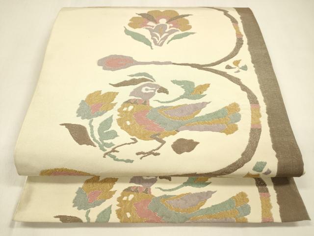 平和屋着物●六通柄袋帯　ふくれ織　花鳥文　正絹　逸品　DAAZ4436cm