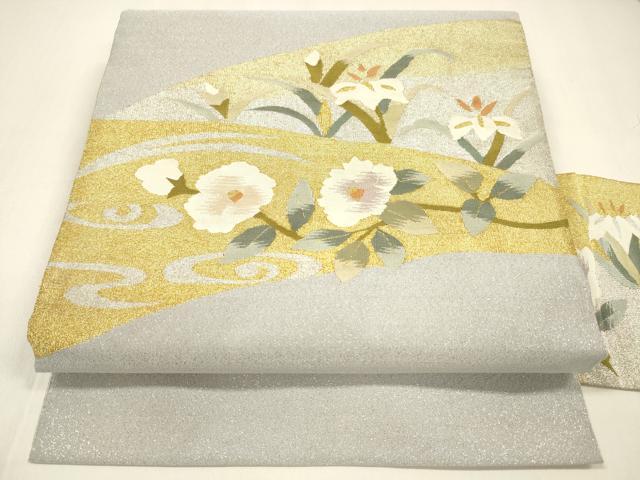 平和屋着物●爪掻き本綴れ　八寸名古屋帯　流水草花文　金銀糸　正絹　逸品　DAAZ4438cm