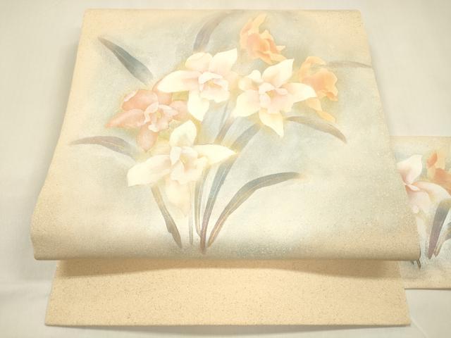 平和屋着物●九寸名古屋帯　作家物　草花文　金銀彩　正絹　逸品　DAAZ4443cm