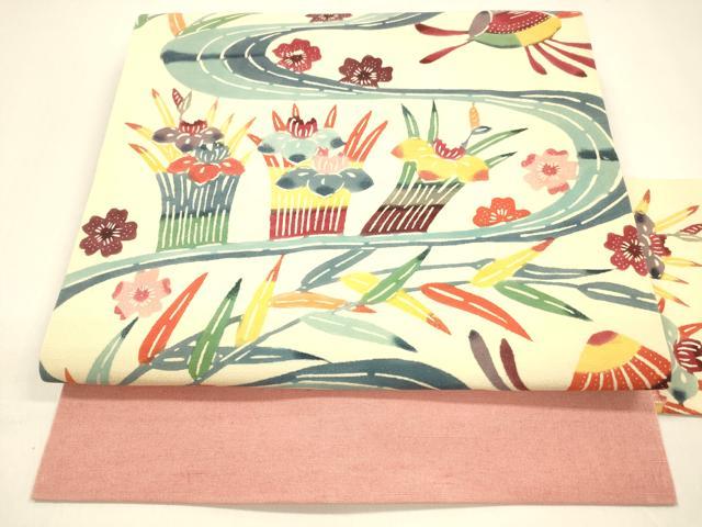 平和屋着物●九寸名古屋帯　紬地　型染　流水草花文　正絹　逸品　DAAZ4444cm