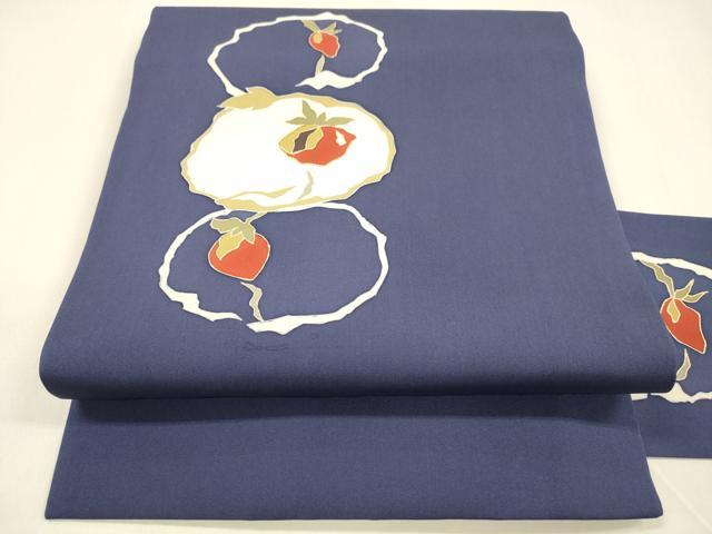 平和屋着物●塩瀬　九寸名古屋帯　駒刺繍　成り物　紺藍色　金彩　正絹　逸品　DAAZ4446cm