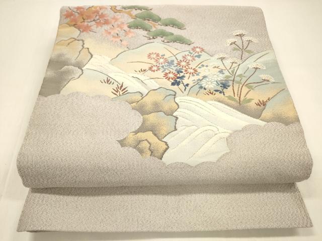 平和屋着物●爪掻き本綴れ　八寸名古屋帯　風景花松文　金銀糸　正絹　逸品　DAAZ4447cm