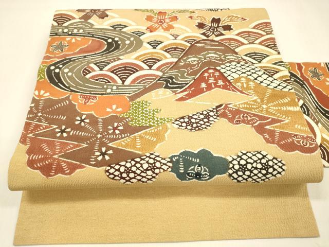 平和屋着物●九寸名古屋帯　型染　飛鳥遠山流水花文　正絹　逸品　DAAZ4450cm