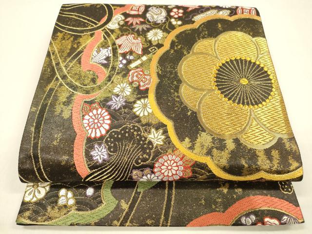 平和屋着物●六通柄袋帯　唐織　宝尽くし笹の葉雪輪花文　黒地　金銀糸　引箔　正絹　逸品　DAAZ4487cm