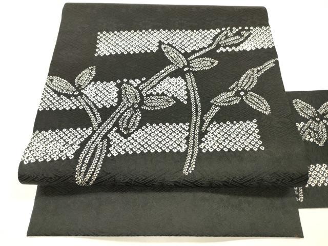 平和屋着物●九寸名古屋帯　総絞り　枝葉文　黒地　正絹　逸品　DAAZ4509cm