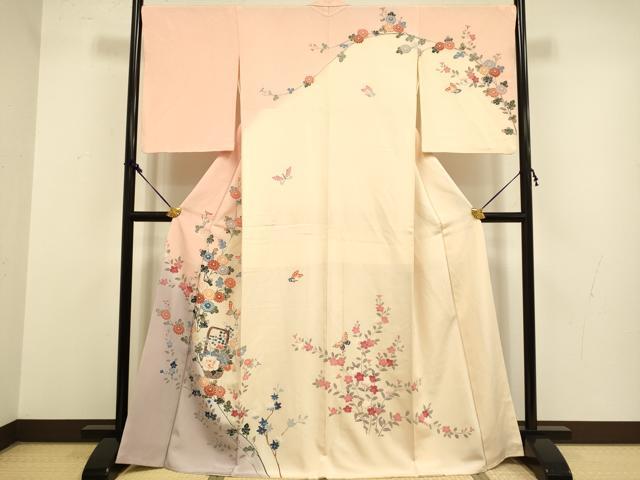 平和屋着物●訪問着　舞蝶花籠文　暈し染め　正絹　逸品　DAAZ5006du
