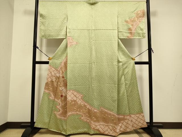 平和屋着物●訪問着　駒刺繍　絞り　扇枝花文　金彩　正絹　逸品　DAAZ5080du