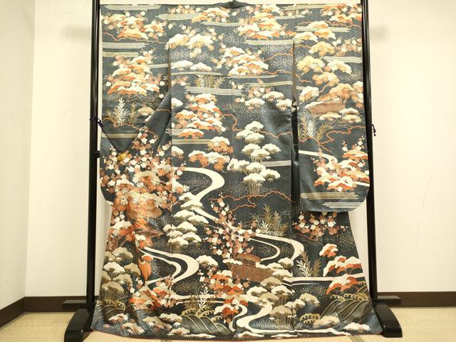 平和屋着物●十日町老舗ブランド　吉澤友禅　吾妻徳穂　振袖　駒刺繍　立波風景花文　松竹梅　金彩　正絹　逸品　DAAZ5103du