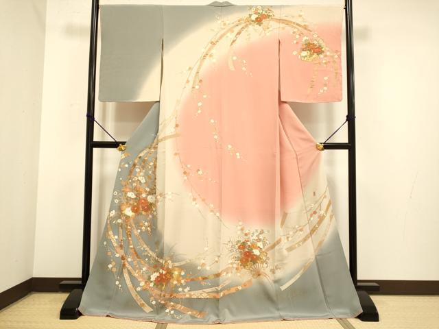 平和屋着物●訪問着　作家物　扇面花文　暈し染め　金彩　ロング丈　正絹　逸品　DAAZ5241du