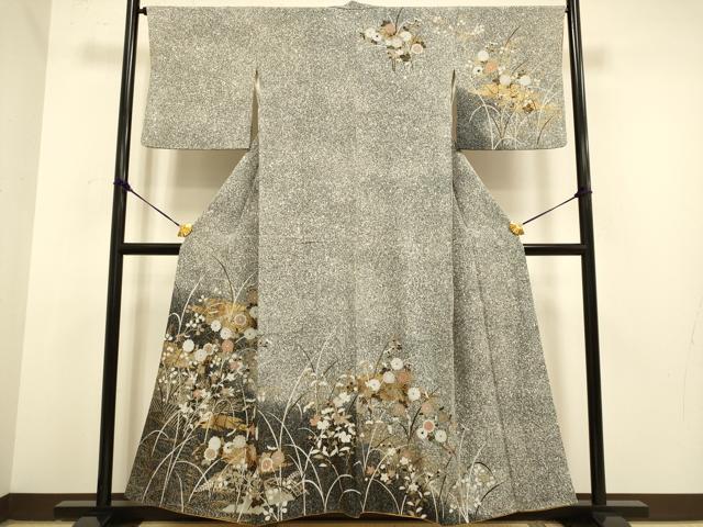 平和屋着物●訪問着　草花文　暈し染め　黒地　金彩　正絹　逸品　DAAZ5249du