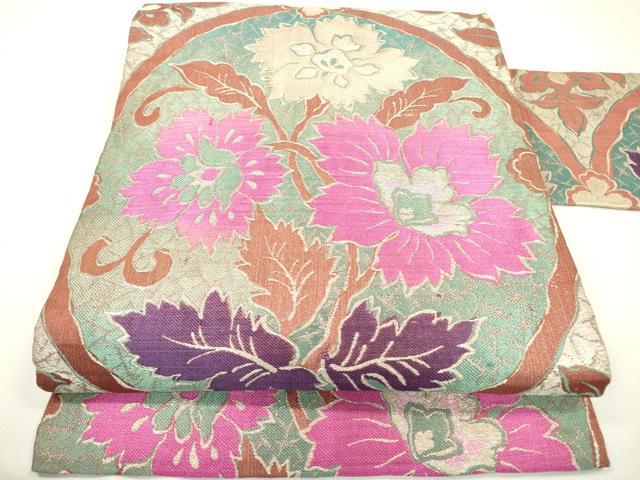 平和屋着物●アンティーク　大正ロマン　九寸名古屋帯　花唐草文　銀糸　正絹　逸品　DAAZ6598fe