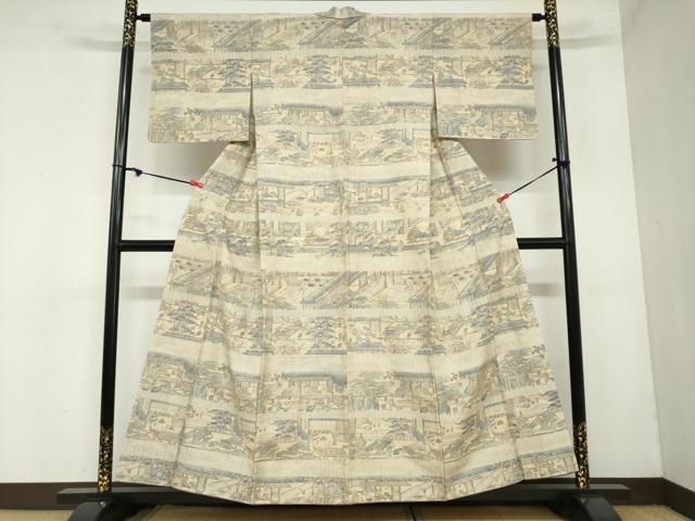 平和屋着物●訪問着　生紬　横段人物風景文　正絹　逸品　DAAZ7090ud