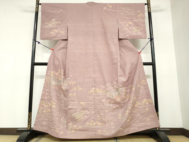 平和屋着物●訪問着　紬地　手描き　流水草花籬文　正絹　逸品　DAAZ7157ud