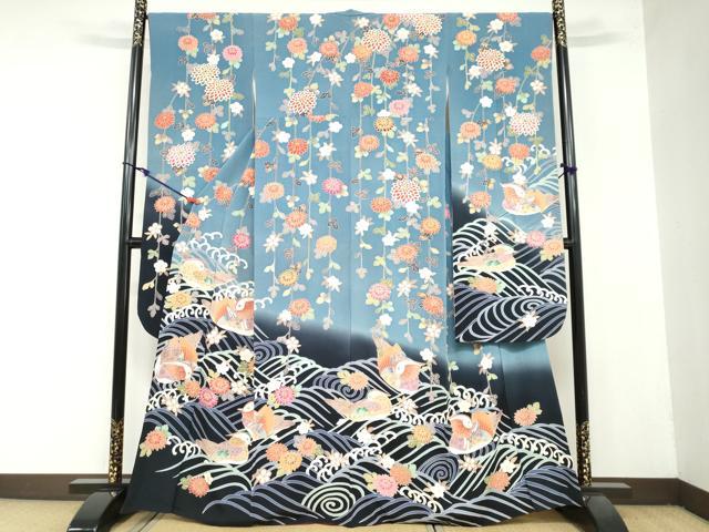 平和屋着物●豪華振袖　型染め　流水群れ鳥草花文　暈し染め　正絹　逸品　DAAZ7172ud