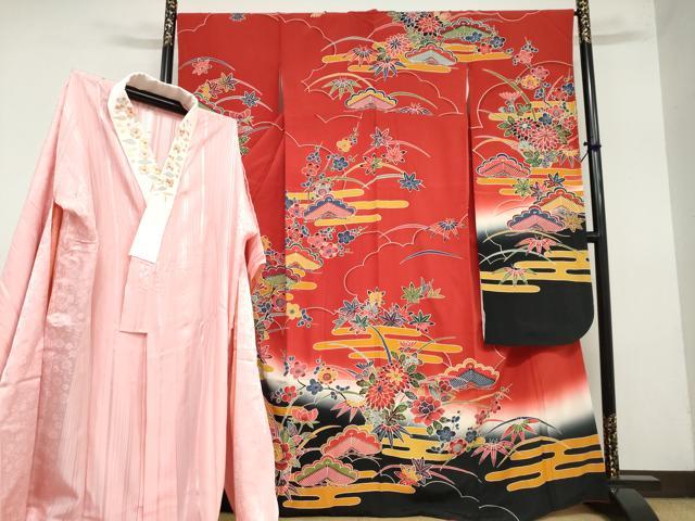 平和屋着物●豪華振袖・長襦袢セット（無双仕立て）　型染め　雲霞草花文　暈し染め　半衿刺繍　正絹　逸品　DAAZ7228ud