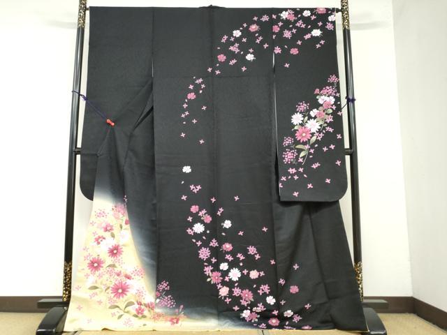 平和屋着物●豪華振袖　草花文　暈し染め　黒地　ロング丈　正絹　逸品　DAAZ7258ud
